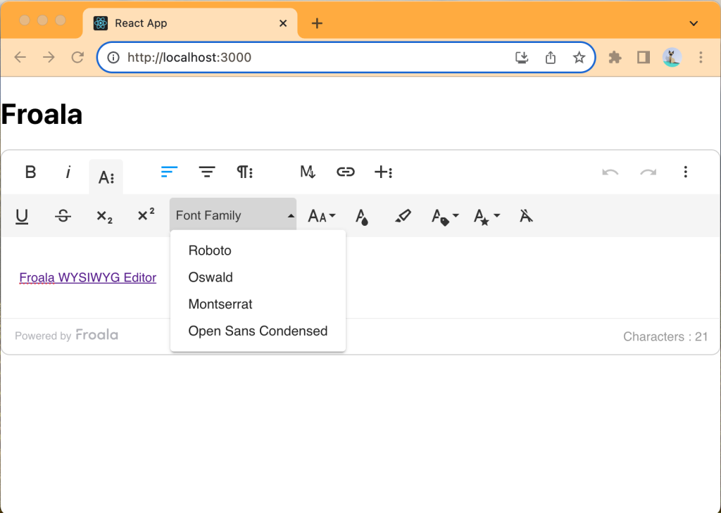 Customize Froala Font Plugin in React
